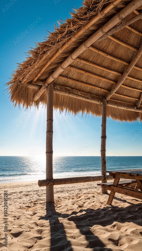 Straw hut roof with sun rays over beach and sea background for ...