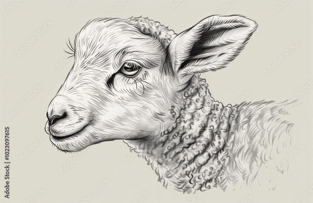 Sheep, lamb. Vintage retro print, black white sheep lamb sketch ink ...