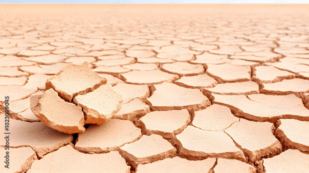 A drought-stricken landscape of the cracked earth, barren and dry. The ...
