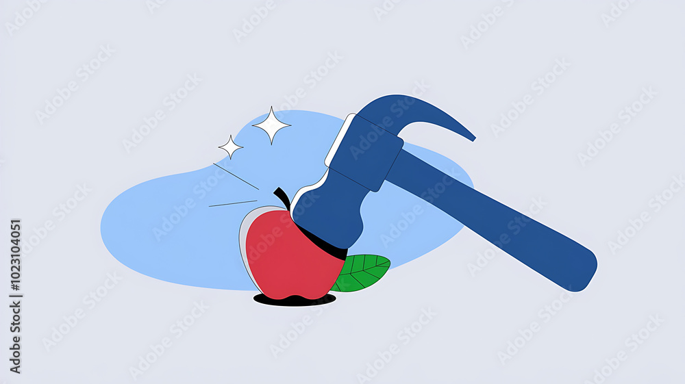 Blue hammer smashing red apple minimalist illustration concept for ...