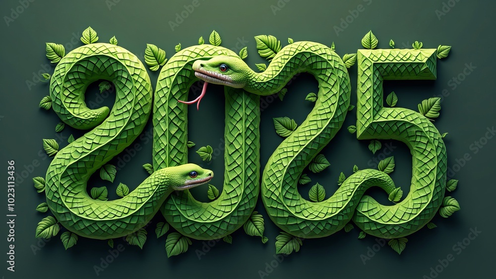 Creative 2025 Snake Design with Lush Green Leaves Stock Illustration ...