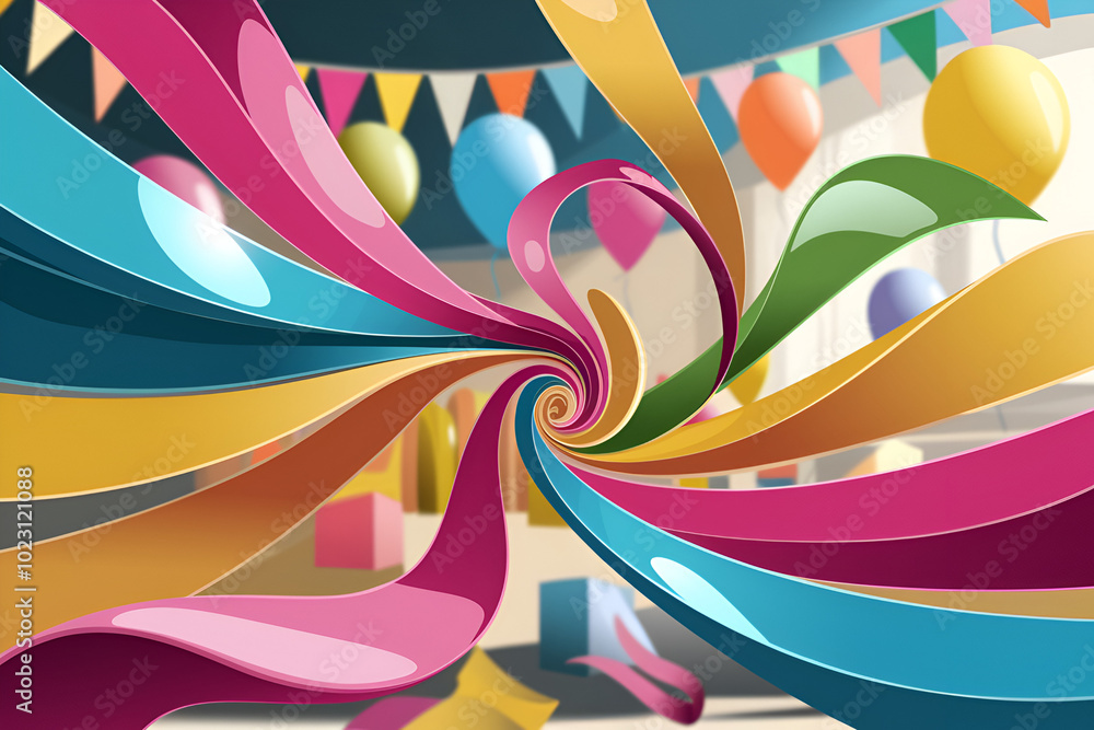 A colorful party scene with balloons and streamers. The balloons are in ...