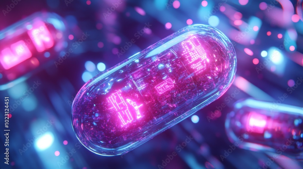 Capsules floating in zero gravity, reflecting holographic health data ...
