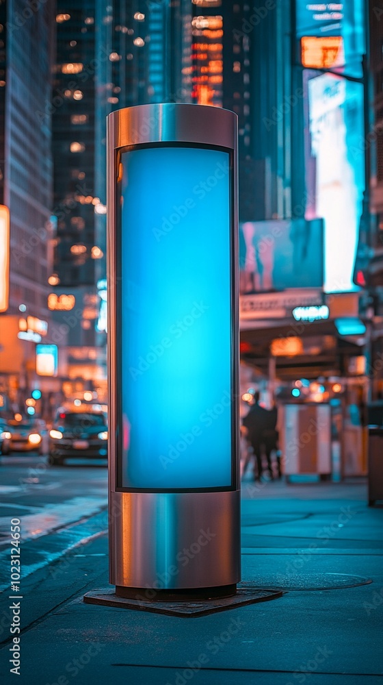 Illuminated digital kiosk stands tall on bustling city street at dusk, surrounded by glowing ...