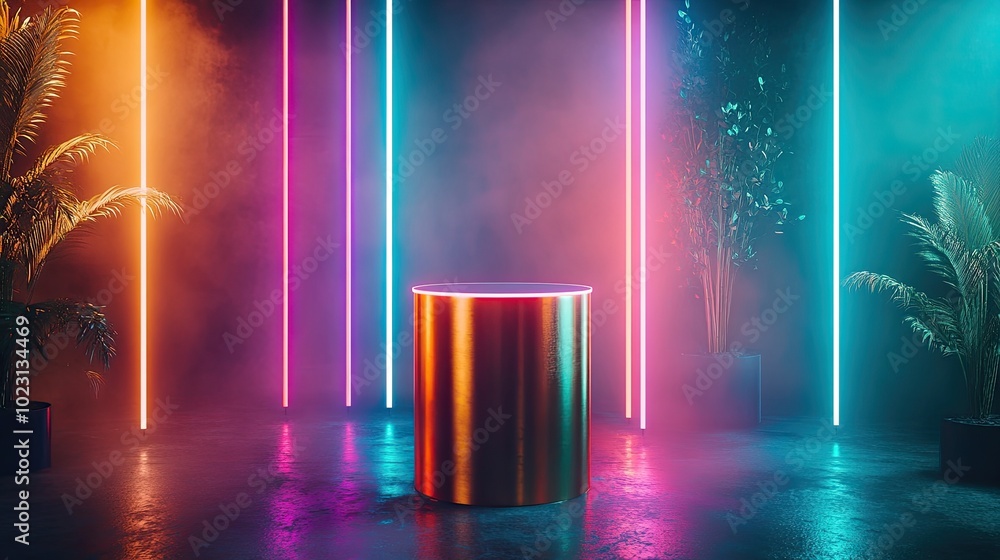 Vibrant neon lights illuminate a modern studio with a reflective podium ...