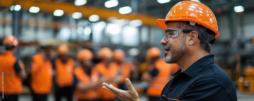 Supervisor conducting a safety talk in a warehouse, explaining hazard ...
