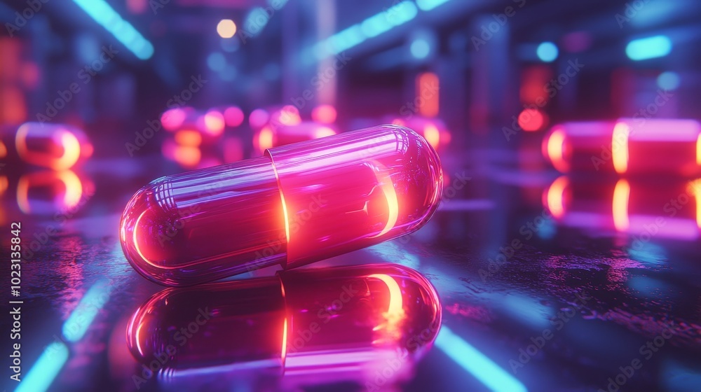 Sci-fi capsules radiating neon hues, scattered on a mirror-like surface ...