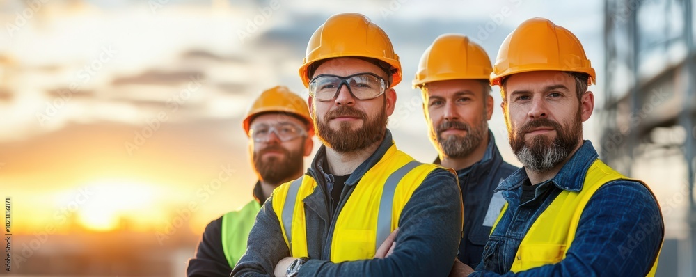 Construction crew at sunrise, wearing hard hats and high-visibility ...
