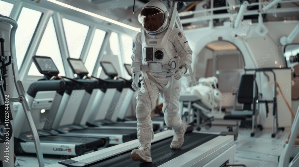 Astronaut in a space suit walking on a treadmill inside a futuristic ...