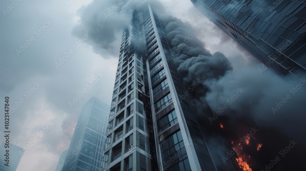Photo & Art Print Towering building consumed by smoke and flames, the ...