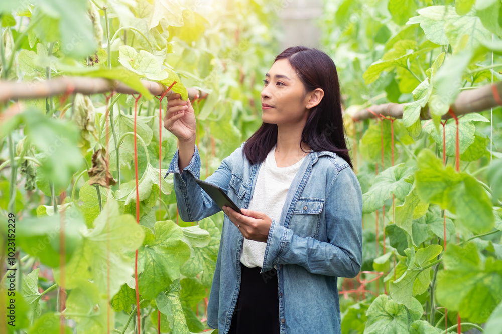 Asian woman farmer farming melon, botanist using computer portable ...