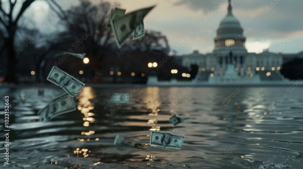 Money fluttering over a reflective water surface at twilight, with a ...