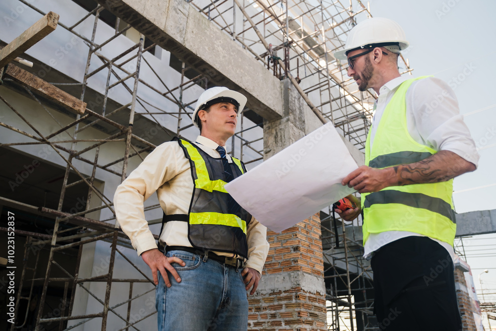 Contractor and engineer architect working together planning using ...