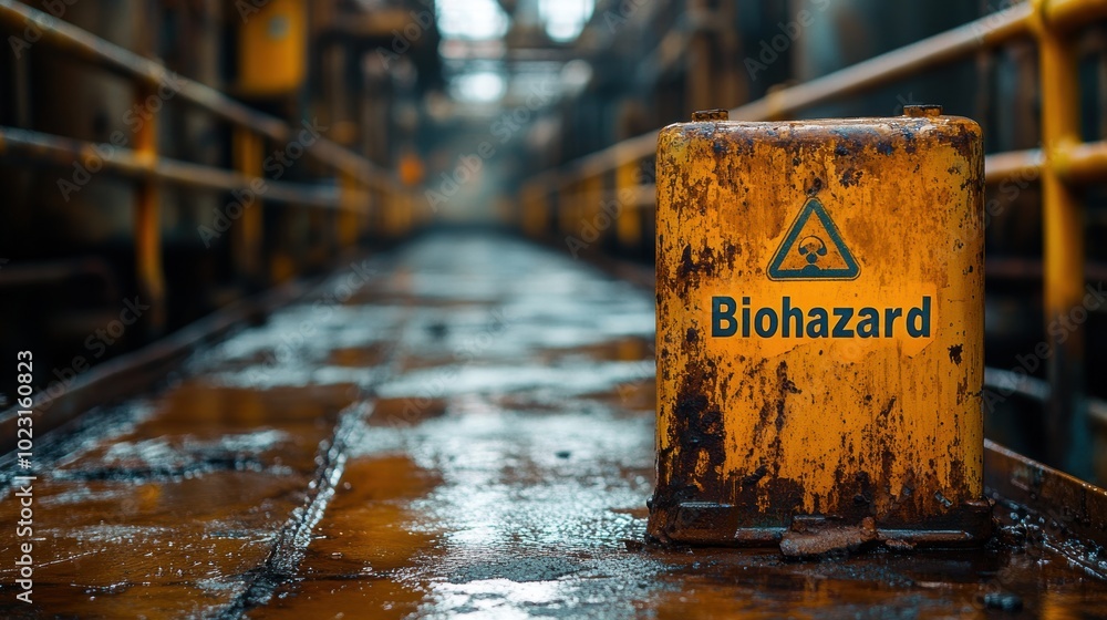 Yellow biohazard waste container in an industrial setting with a wet ...