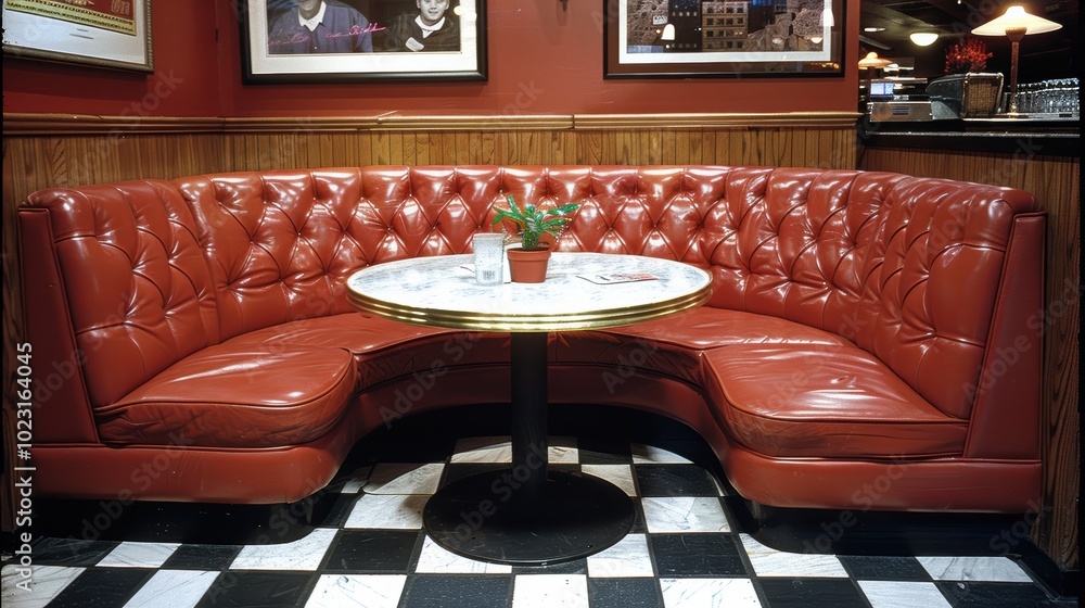 Luxurious red leather booth seating in a cozy restaurant setting with ...