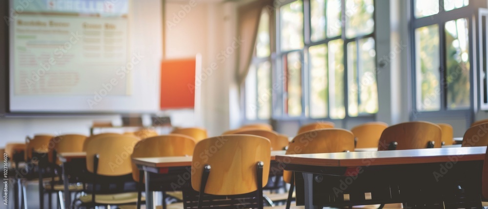 Sunlight streams into a quiet classroom, illuminating rows of empty ...