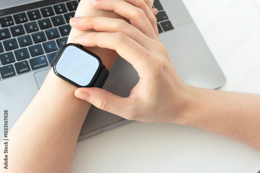 Smart watch, wearable gadget. Young man using electronic smartwatch on ...