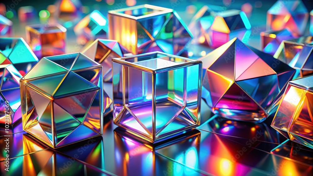 Abstract render of geometric shapes made from reflective and refractive ...