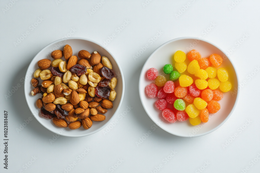 Two bowls containing healthy nuts and unhealthy candy sitting on a ...