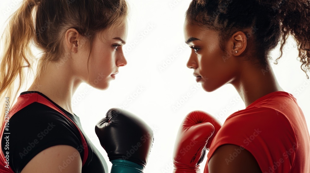 Before sparring, two young women kickboxers practicing their footwork ...