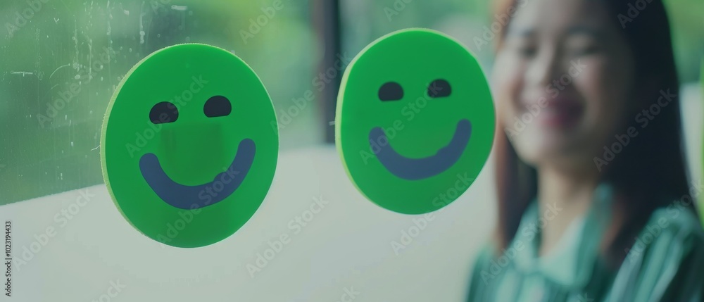 Two vibrant green smiley face stickers are placed on a glass window ...