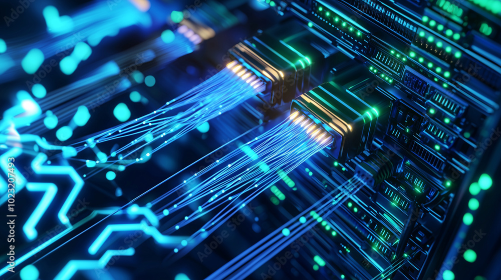 Close-up of optical connectors and fiber optic cables in a server ...