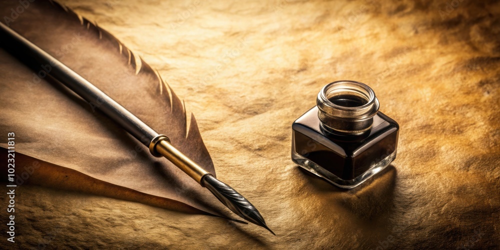 Old quill pen and bottle of ink on blank vintage paper sheet, quill pen ...