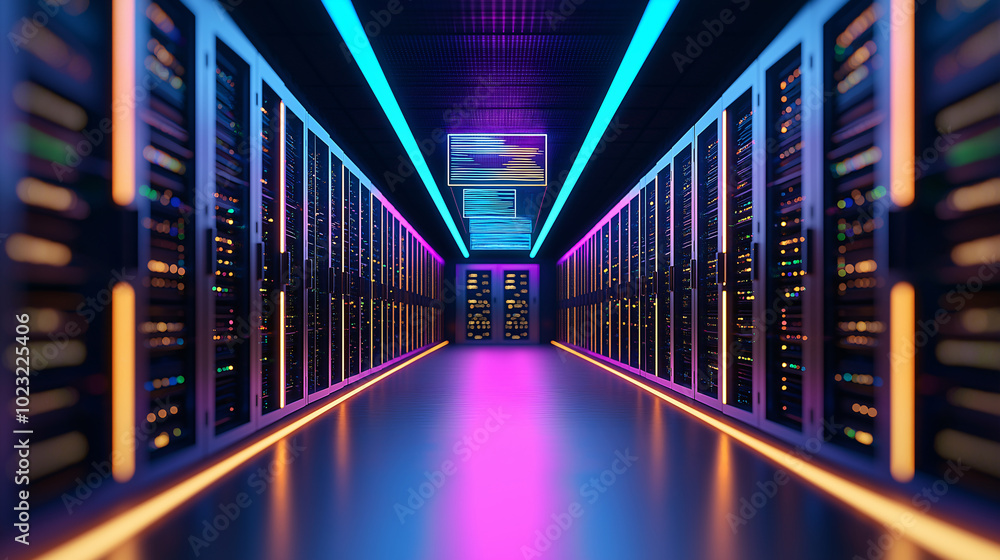 Futuristic neon data center featuring illuminated server racks ...