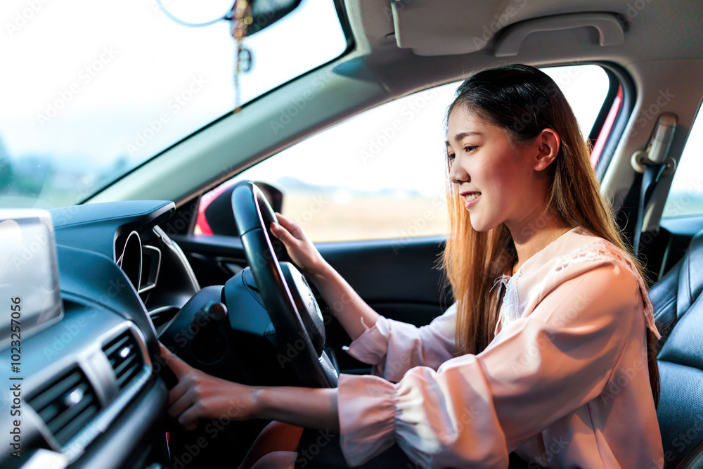 Beautiful asian woman driving her new car happy smiling, female ...
