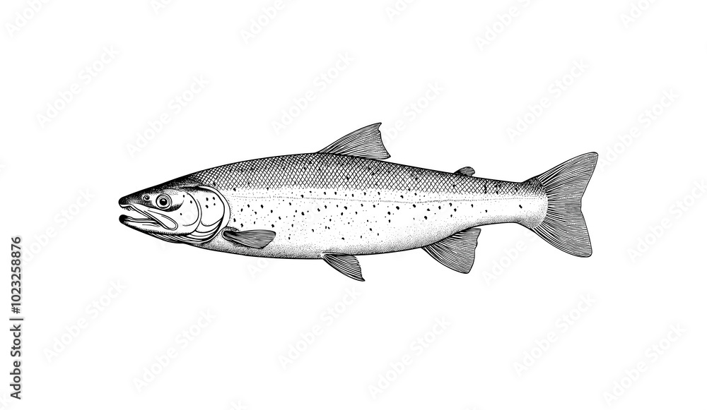 Fish sketch salmon trout. Vintage retro print, black white salmon trout ...