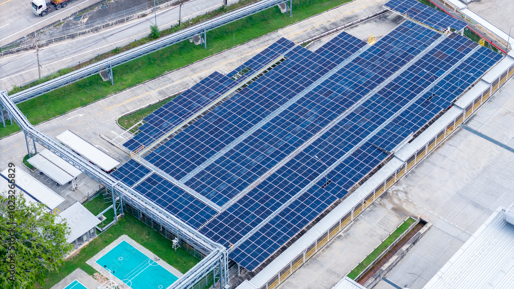 Top view Solar Cell on Warehouse Factory. Solor photo voltaic panels ...