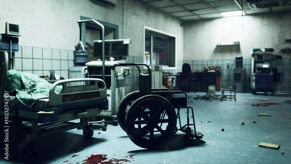 The interior of a devastated hospital room reveals overturned medical ...