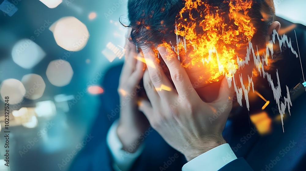 A businessman holding his head with a fiery explosion effect ...