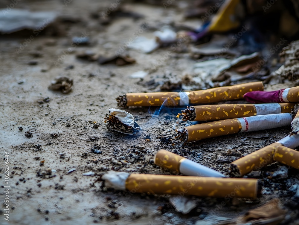 Unhealthy habit Tobacco Addiction Smoked cigarette ash on the ground ...