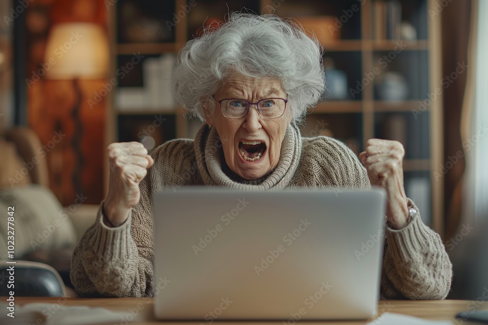Elderly woman frustrated with laptop, expressing anger, technology ...