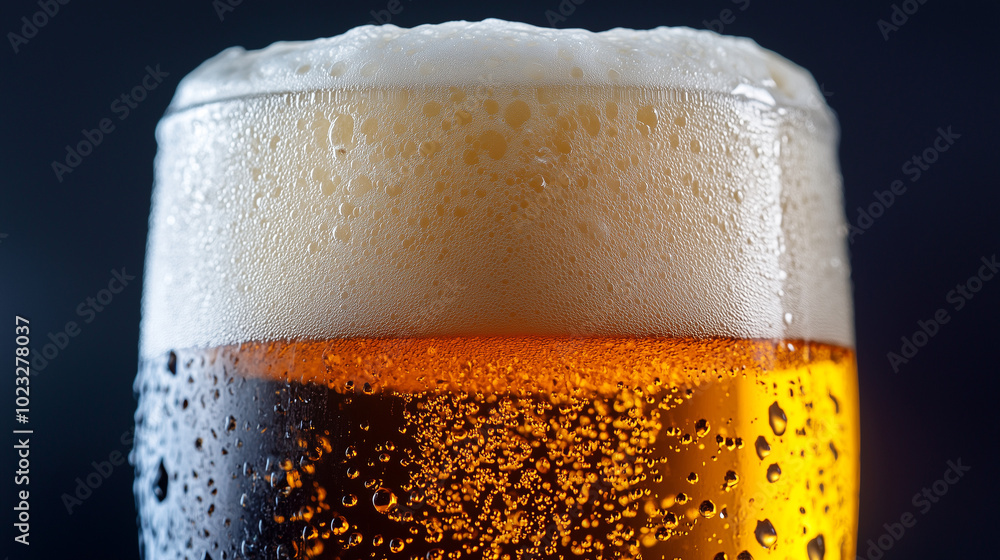 A glass of beer with frothy foam rising above the rim. Visible bubbles ...