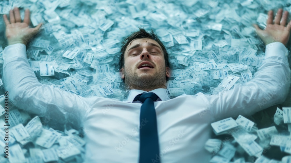 Drowning businessman in a sea of receipts and credit card statements ...