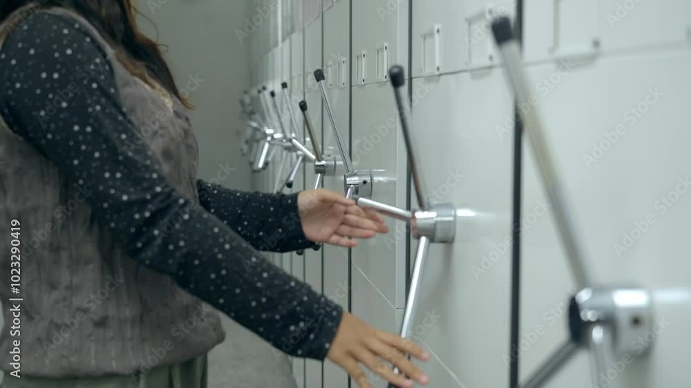 at office storage woman spin handle to move cabinets at the archive ...