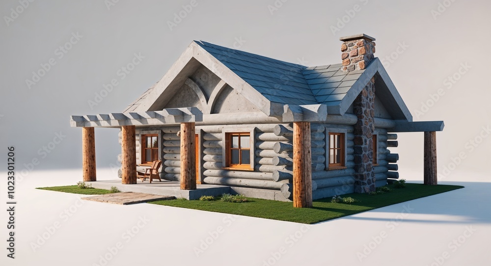 Cement log cabin house with rustic wooden columns on plain white ...