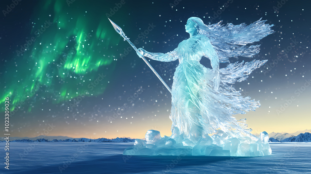 Arctic serenity: 3d ice carving of inuit woman with spear in frozen ...