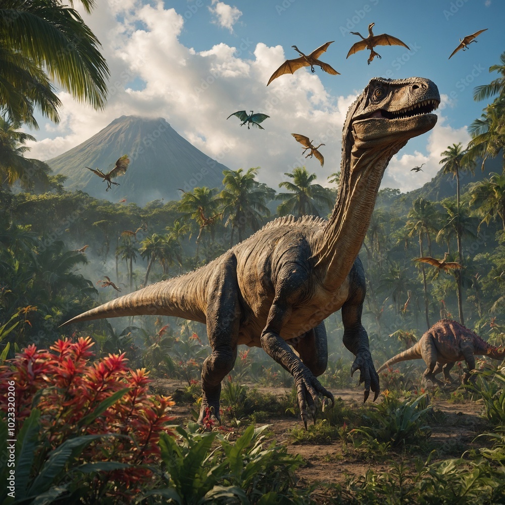 { "prompt": "A vibrant parade of various dinosaurs marching down a wide ...