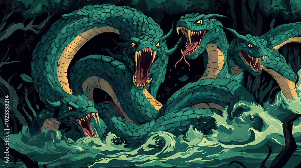 Myth of the hydra multiheaded serpent rising from the swamp ancient ...