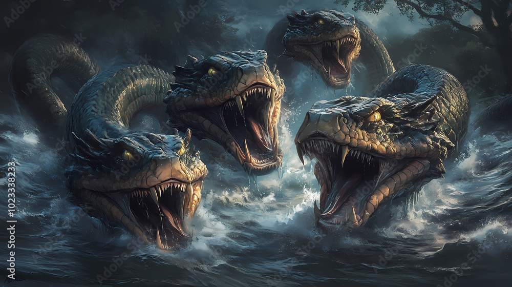 Myth of the hydra multiheaded serpent rising from the swamp ancient ...