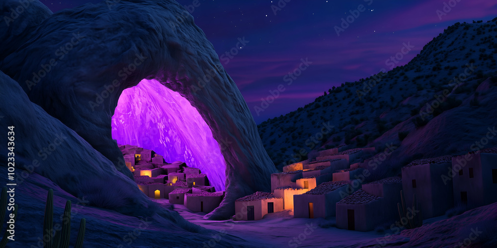 Enchanting and otherworldly desert village with a radiant cave entrance ...