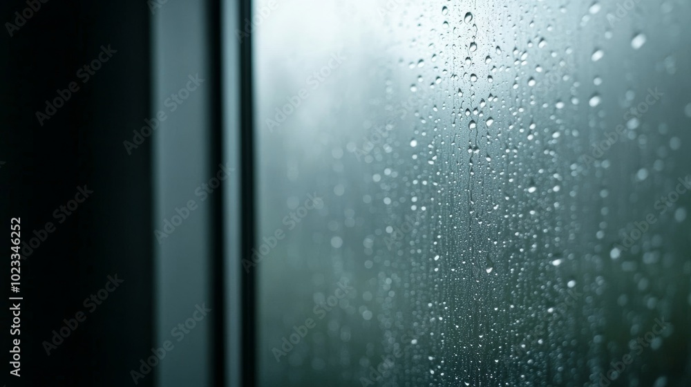 Dark, rain-soaked window with streaks of water and a muted gray ...