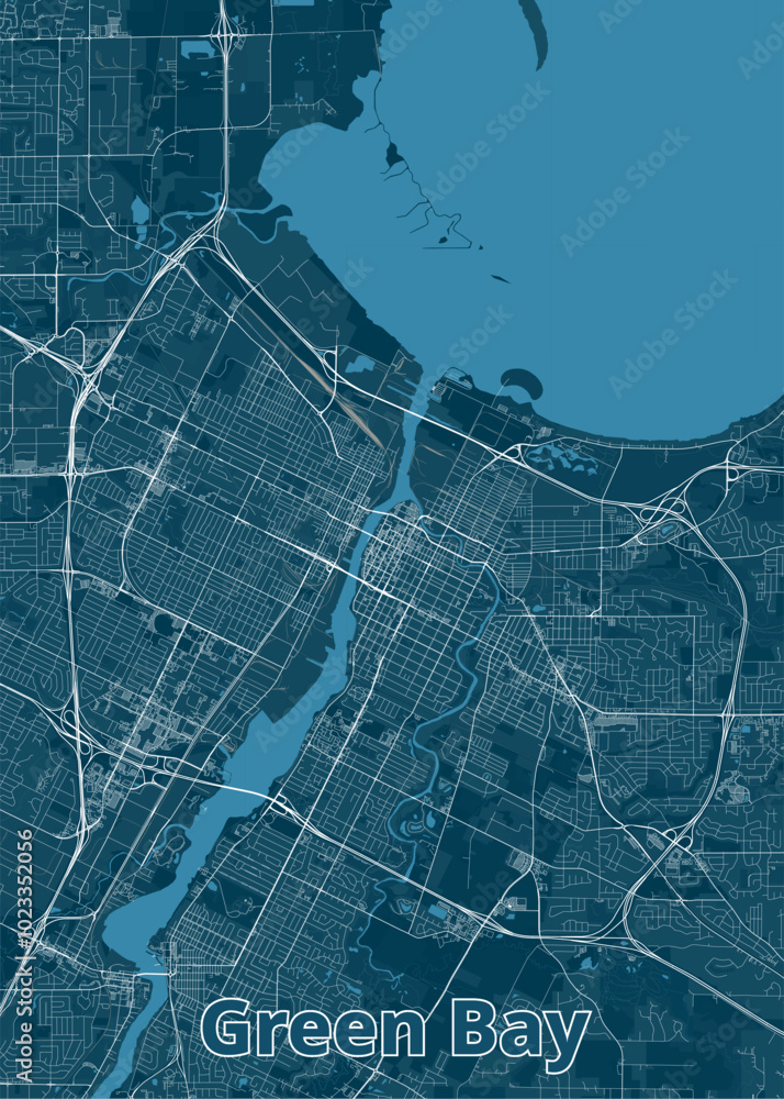 Detailed map of Green Bay, Wisconsin, rendered in a minimalist style ...