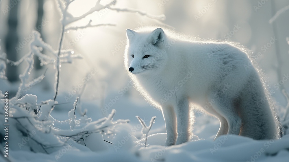 A beautiful white fox is sitting quietly in the snow, gazing at the ...