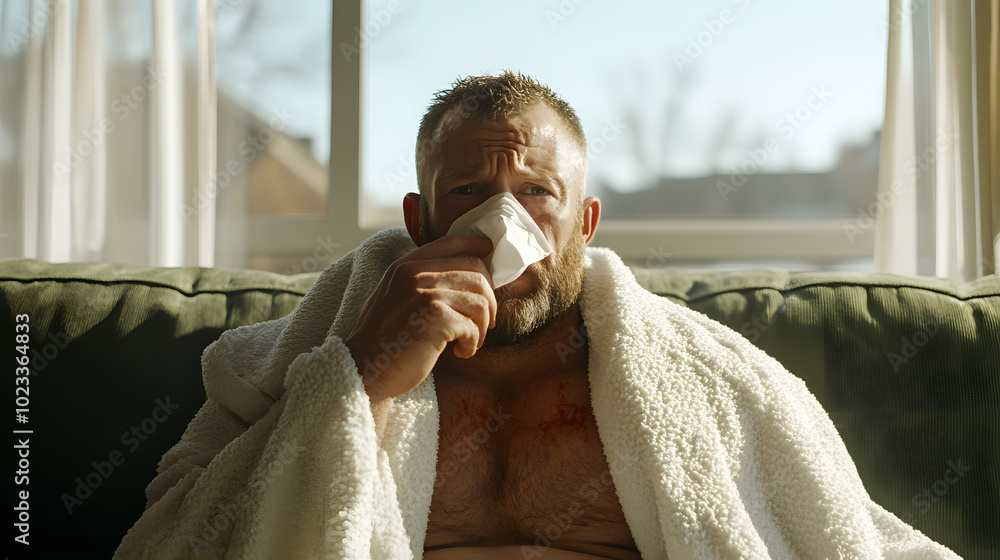 sick man with flue sitting on sofa | Depicting Comfort and Recovery in ...