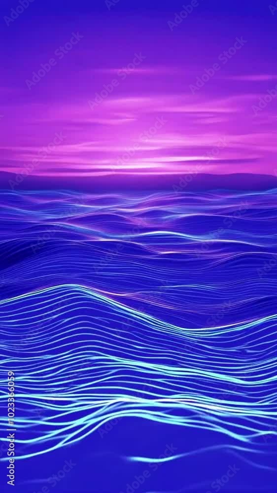 A futuristic horizon blue light waves flow horizontally, blending into ...