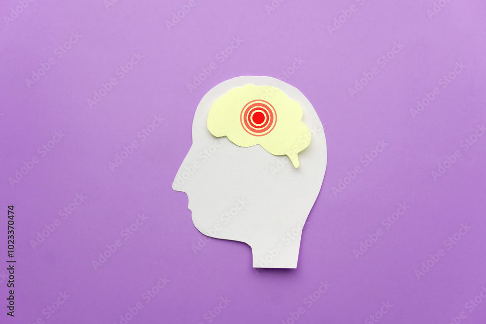 Human head with brain as pain red circle on purple background. Concept ...